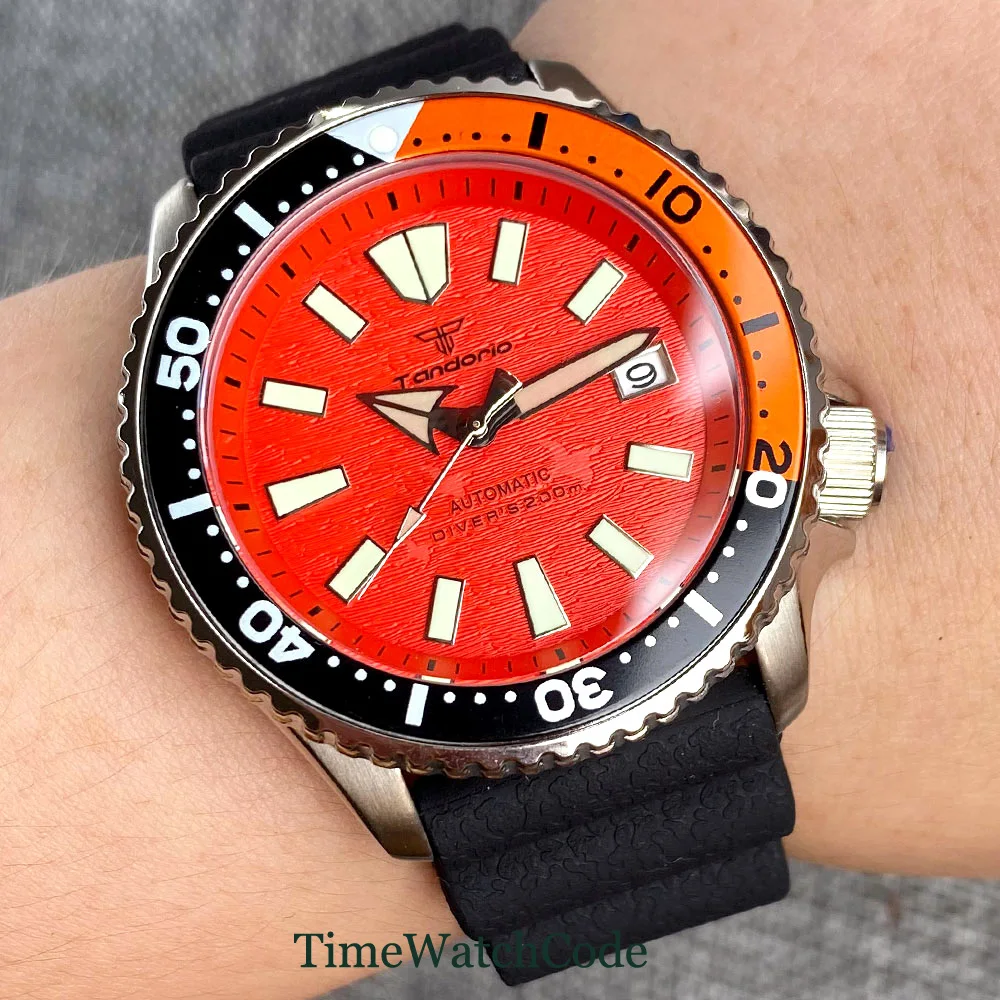 Tandorio Diver Automatic Watch for Men 41mm Orange Dial Auto Date NH35 ...