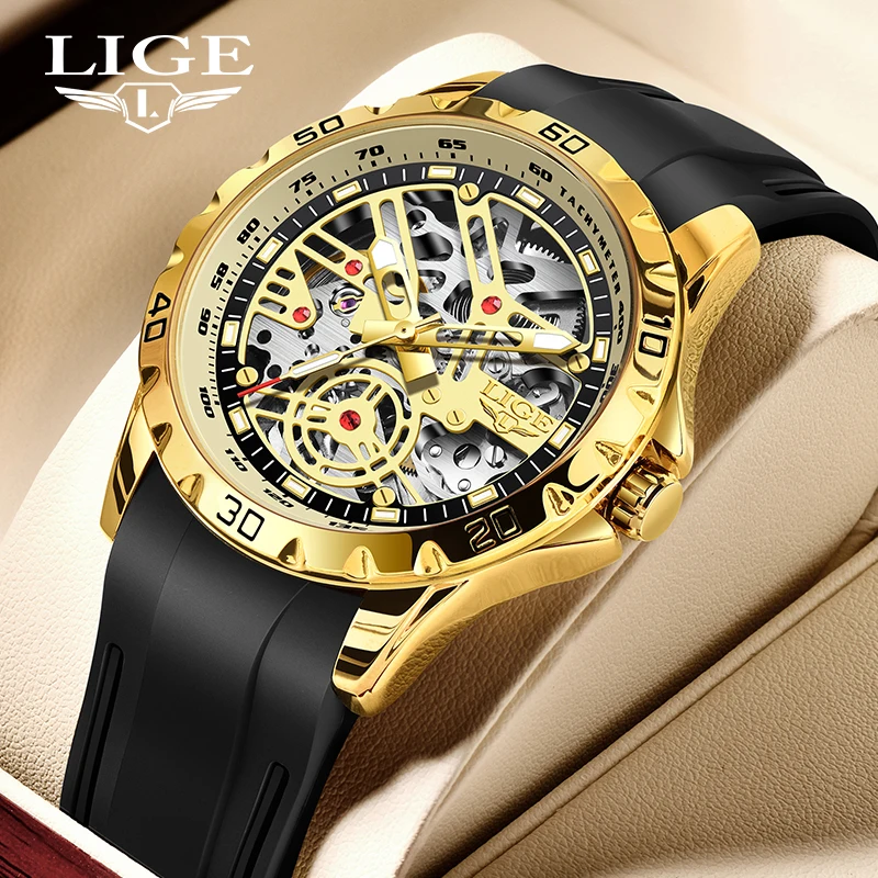 LIGE Fashion Casual Mechanical Man Watch Tourbillon Hollow Waterproof ...