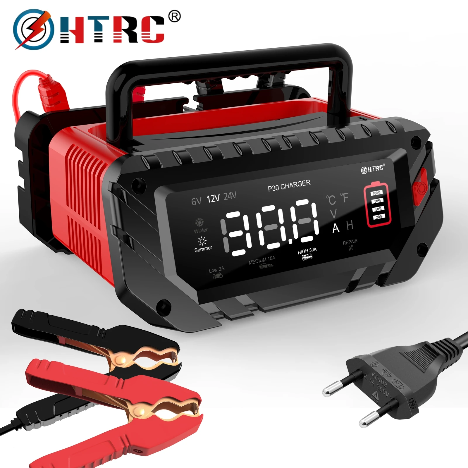 HTRC 차량용 리튬 AGM 젤 납산 배터리 충전기, 자동차 오토바이 LiFePO4 충전기, 30A, 6V, 12V, 24V
