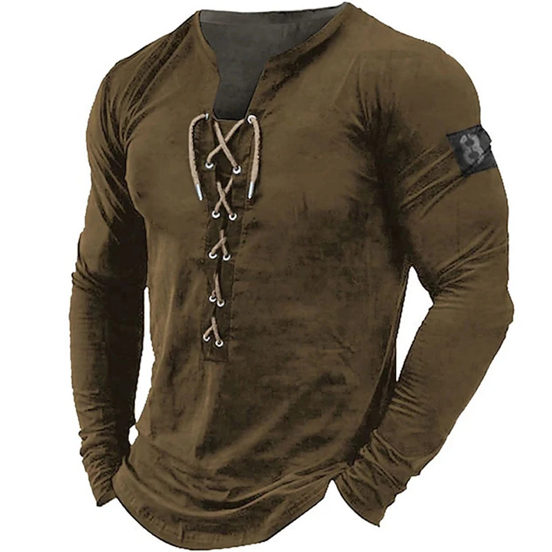 Men Vintage Henry Collar Drawstring 2yk Top Casual Solid Pullover 2023 ...