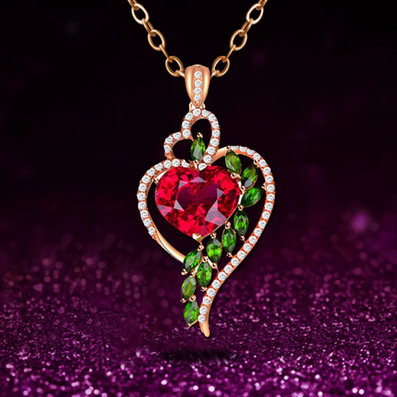 Fashion Women Ruby Peach Heart Necklace Luxury Wedding Jewelry Green ...