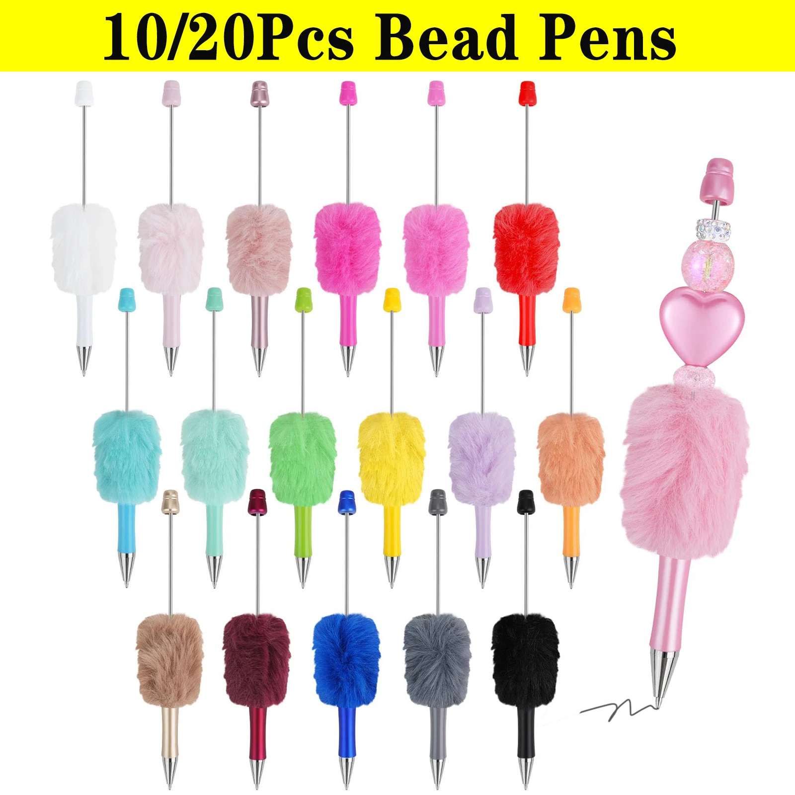 10/20Pcs Fluffy Beadable Ballpoint Pens Retractable Plush Ball Beaded ...