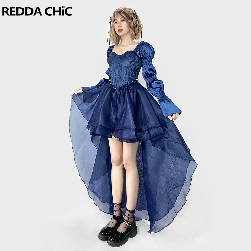 ReddaChic Princess Trailing Mini Dress Set Women Long Sleeves Jacquard ...