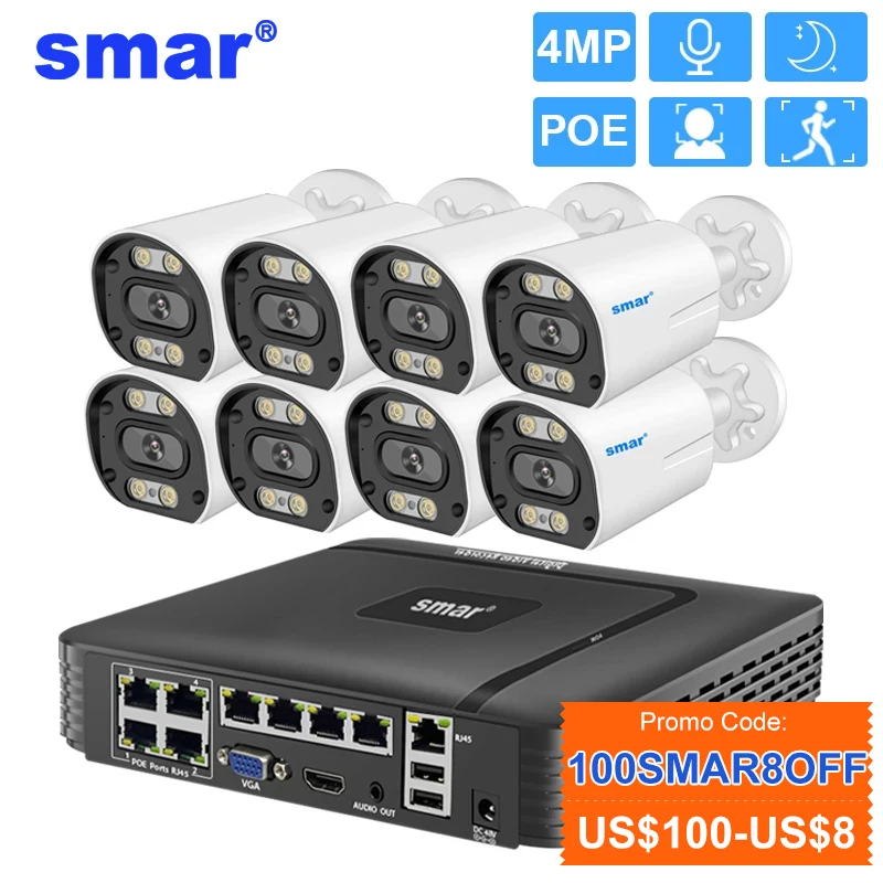 Smar 8ch 4mp 4k Poe Nvr Security Camera System Kit H.265 Cctv Motion ...