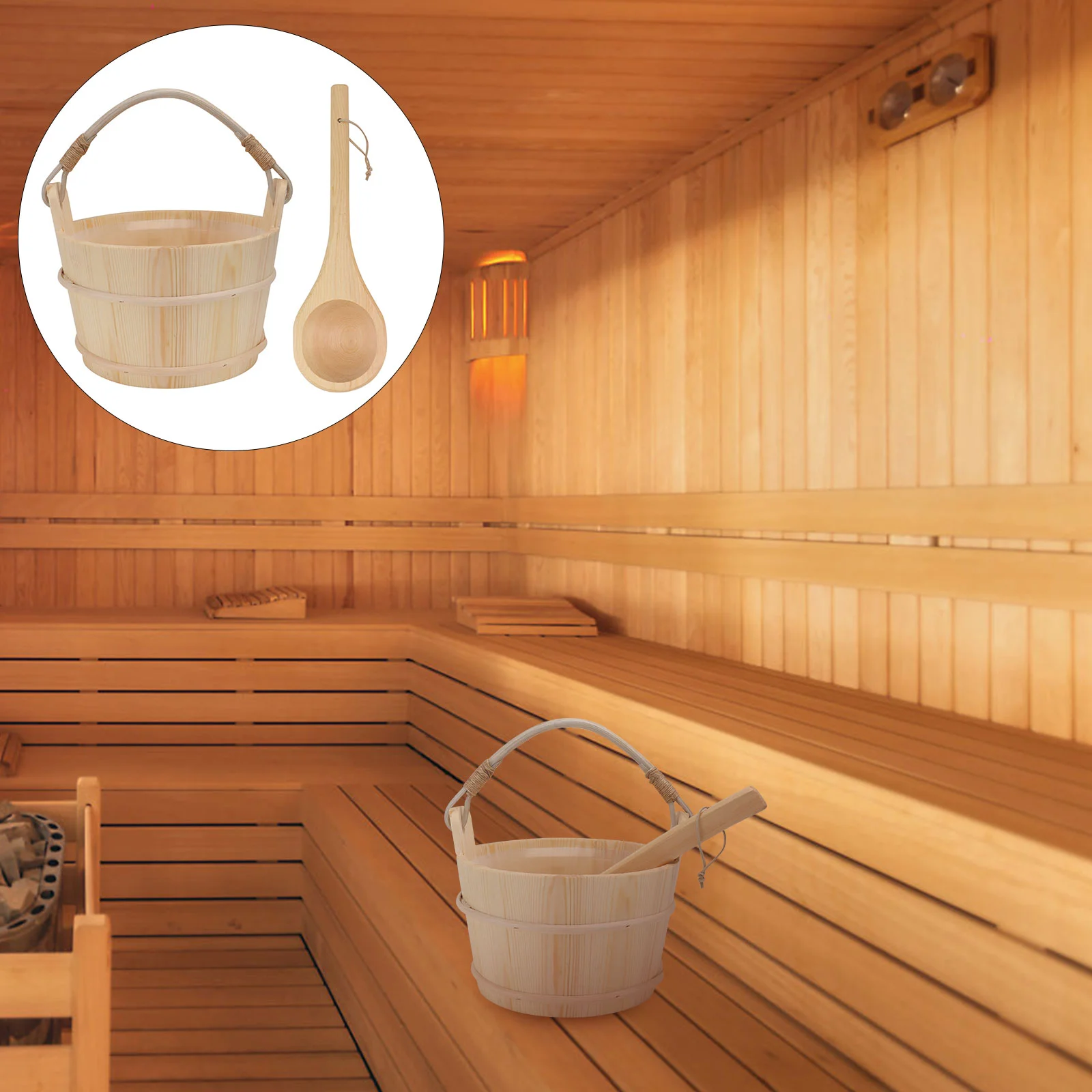 Sauna-Bucket-Wooden-Ladle-Wood-Water-Bath-Spa-Set-Foot-Scoop-Bathing ...