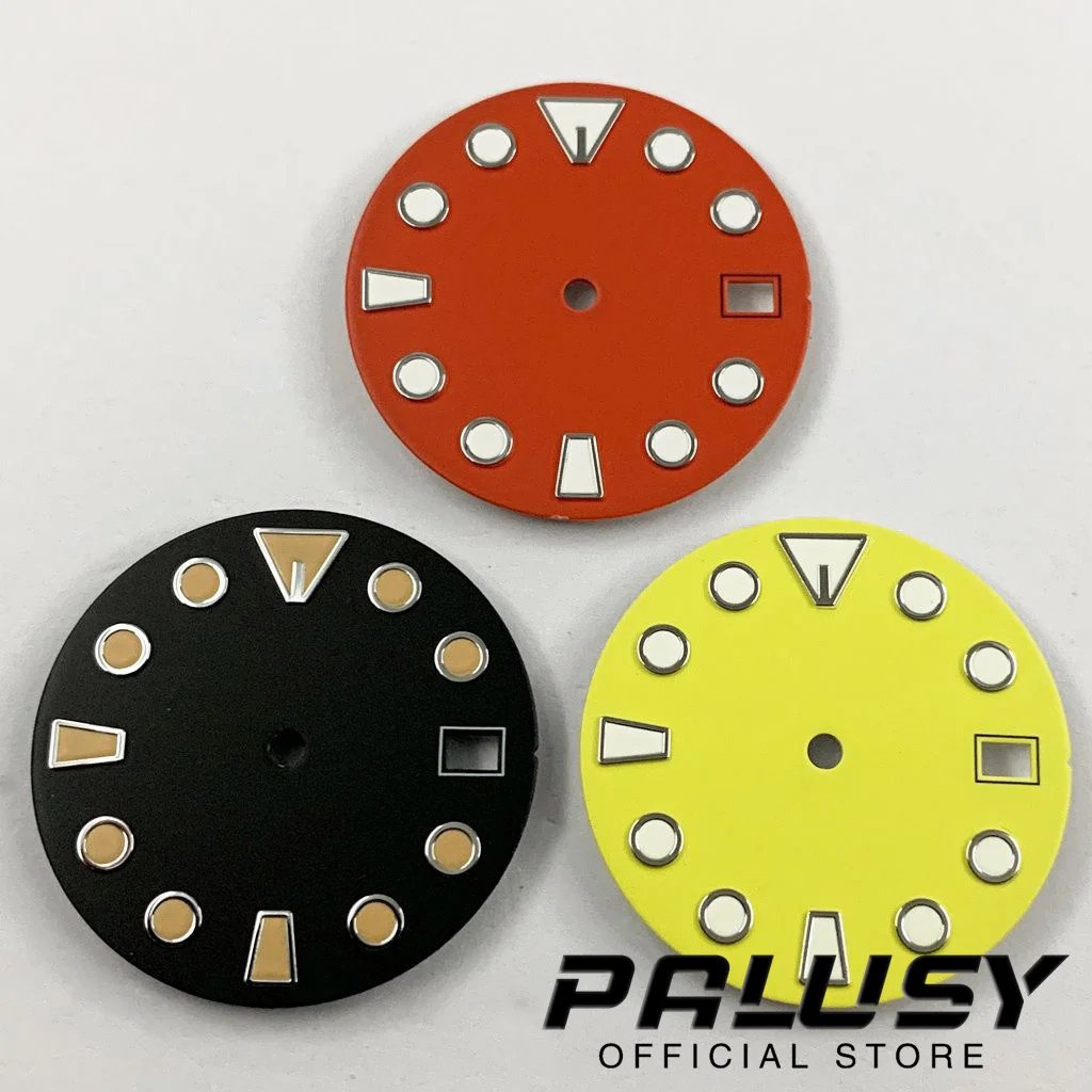 28-5mm-NH35-Red-Yellow-Black-Watch-Dial-Green-Luminous-Watch-Faces-For ...