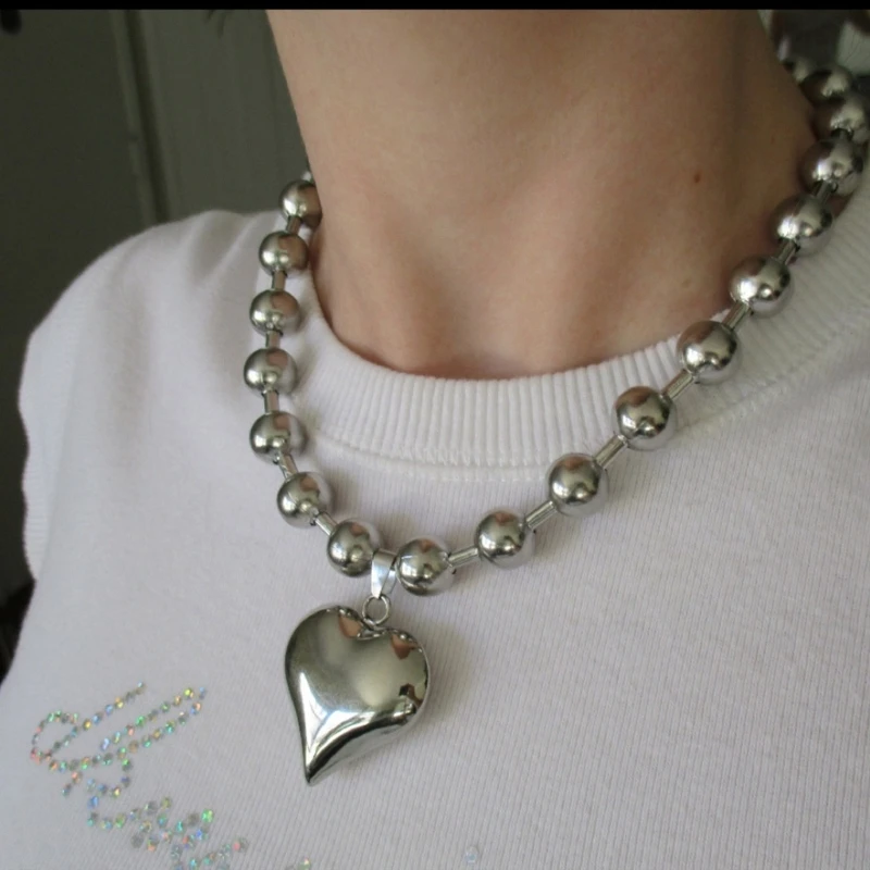 Female Round Bead Chain Niche Collarbone Chain Silver Love-shape Heart ...