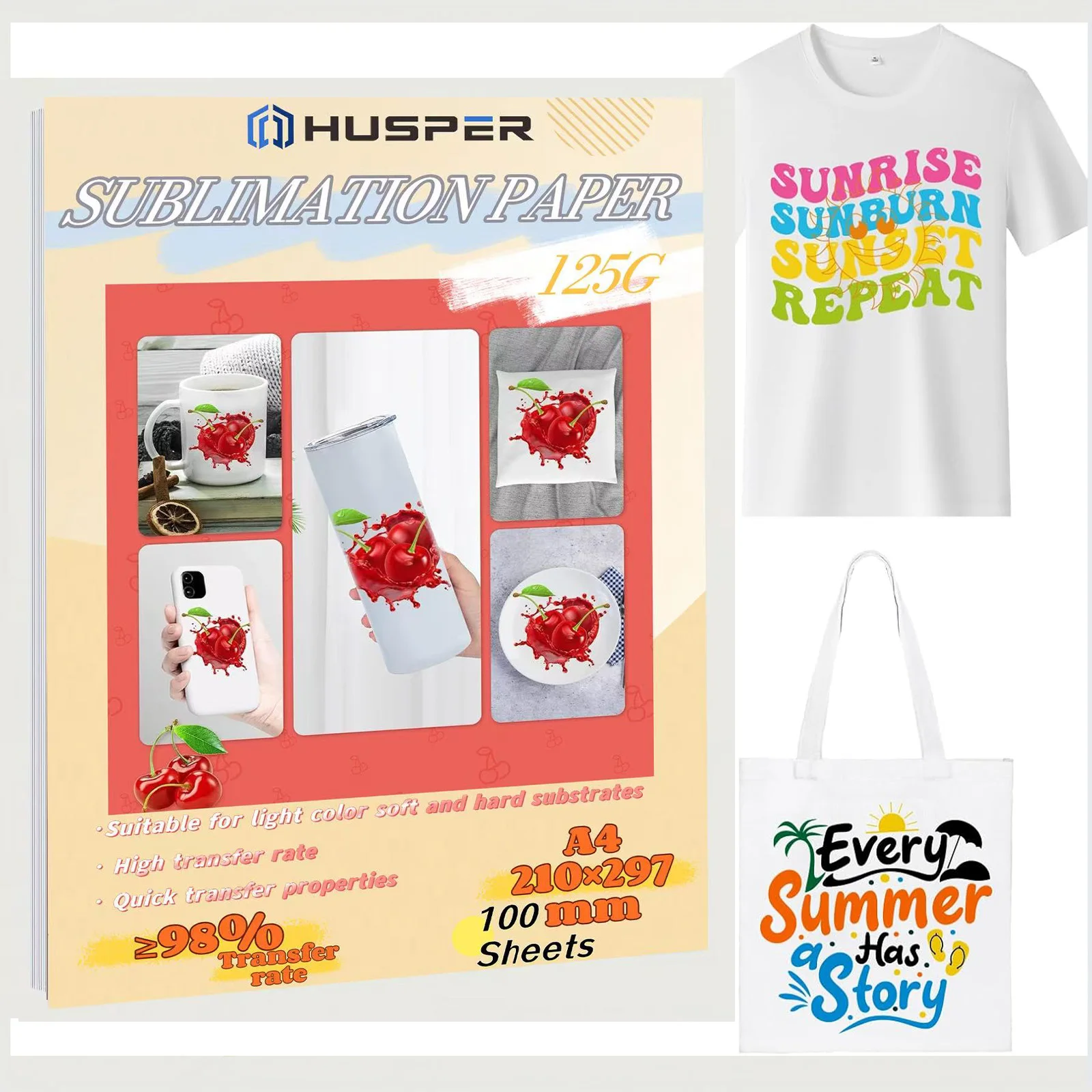 HUSPER 125G A4 100 Sheets Sublimation Paper Heat Transfer Paper Inkjet ...