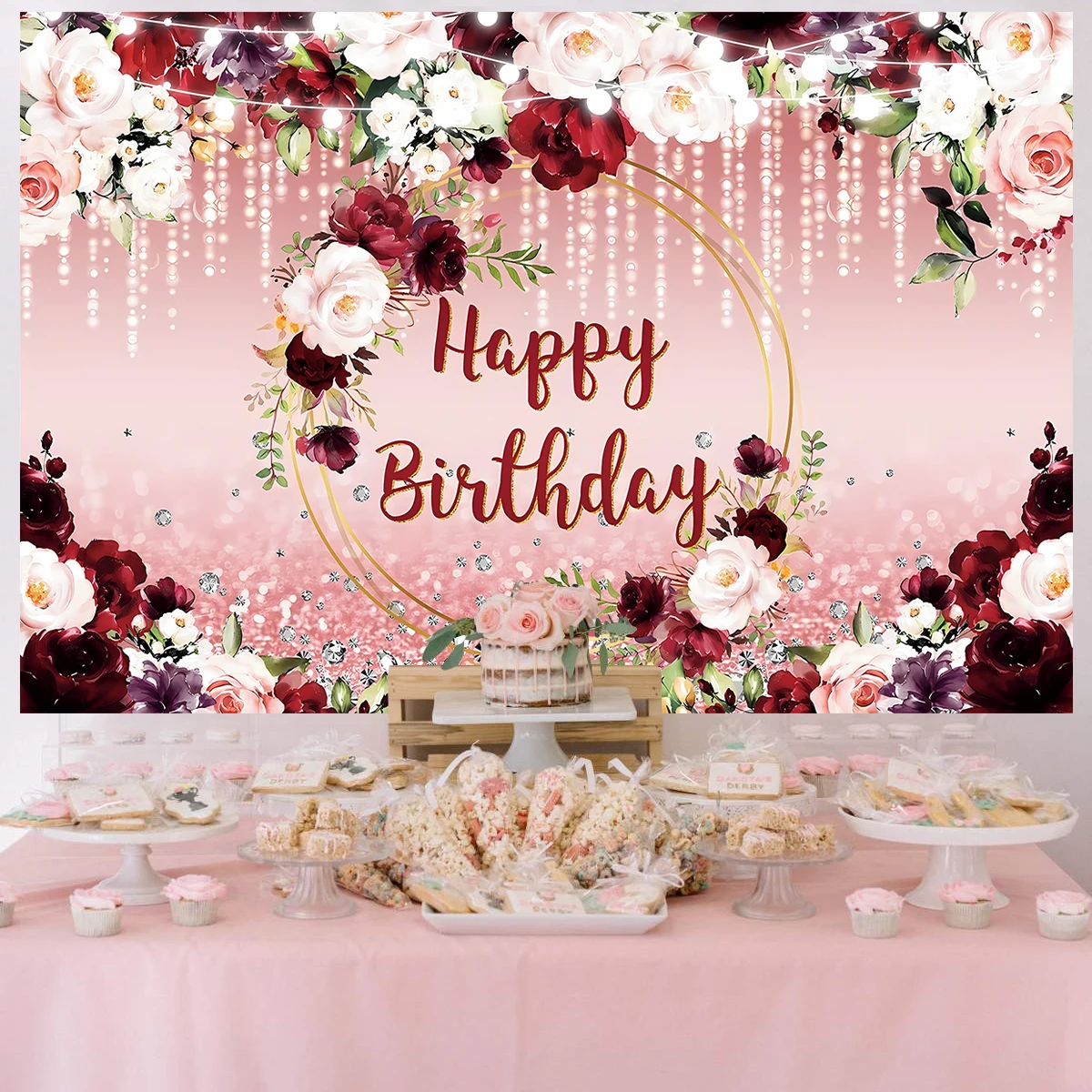 Floral Birthday Polyester Background Backdrop Happy Birthday 1st ...