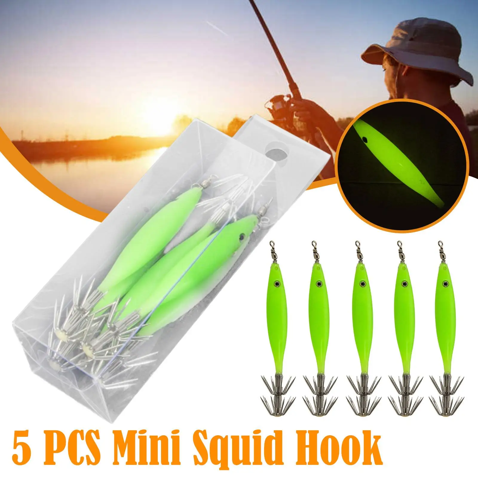 5pcs/Set Luminous Blowing Tube Octopus Jig Hook Wood Shrimp Bait Squid ...