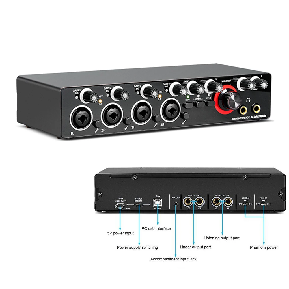 Professional 24Bit 192KHz Audio Interface Sound Card 4 Channel Sound Card for Guitar Loopback ...