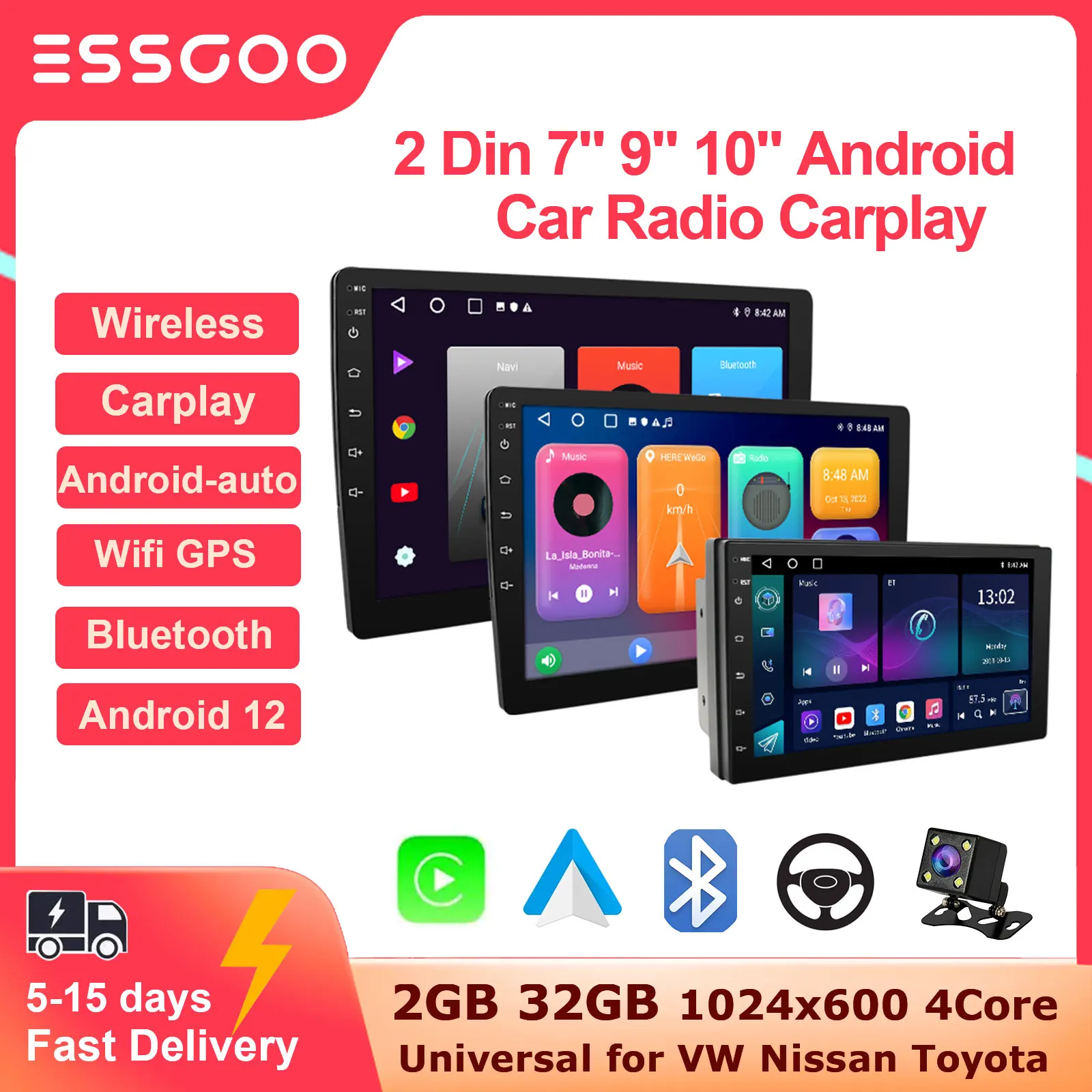 ESSGOO 2 Din 7 9 10 Inch Android Car Radio 2G 32G Universal Multimedia Player Carplay Android ...