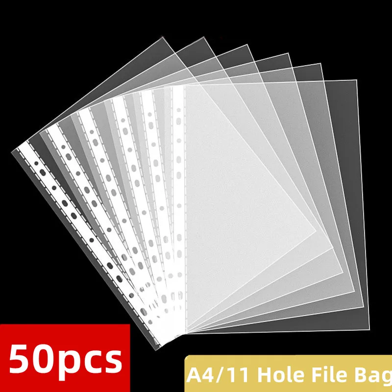 50PCS-11-Hole-Binder-File-Bag-Transparent-Plastic-Student-Office ...