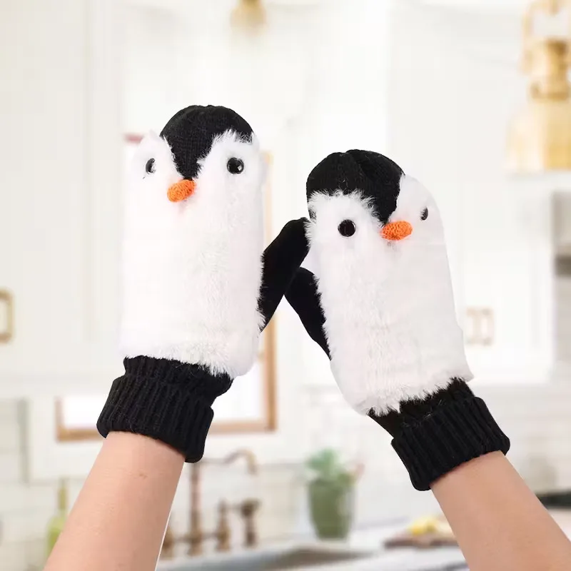 Penguin Plush Knit Gloves Winter cartoon penguin plush warm gloves cute ...