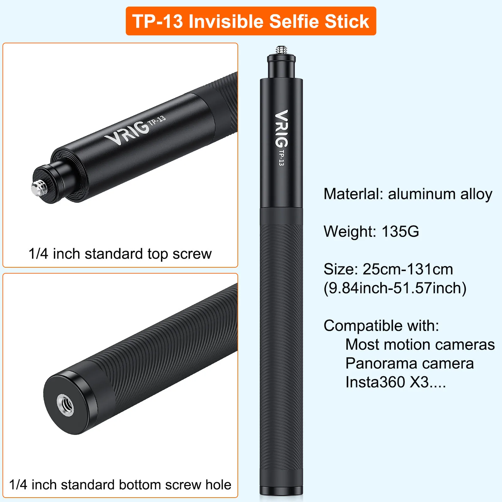 VRIG 131cm 自撮り棒 見えない自撮り棒 長さ25cm から131cmまで 調節可能 軽量 持ち運び便利 Insta360 ONE ...