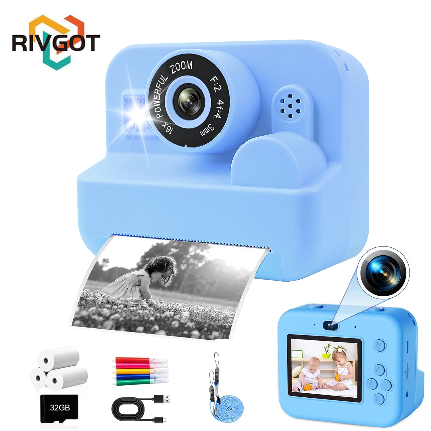 Thermal-Instant-Print-Camera-With-32G-Card-3-Rolls-Paper-1080P-Children ...