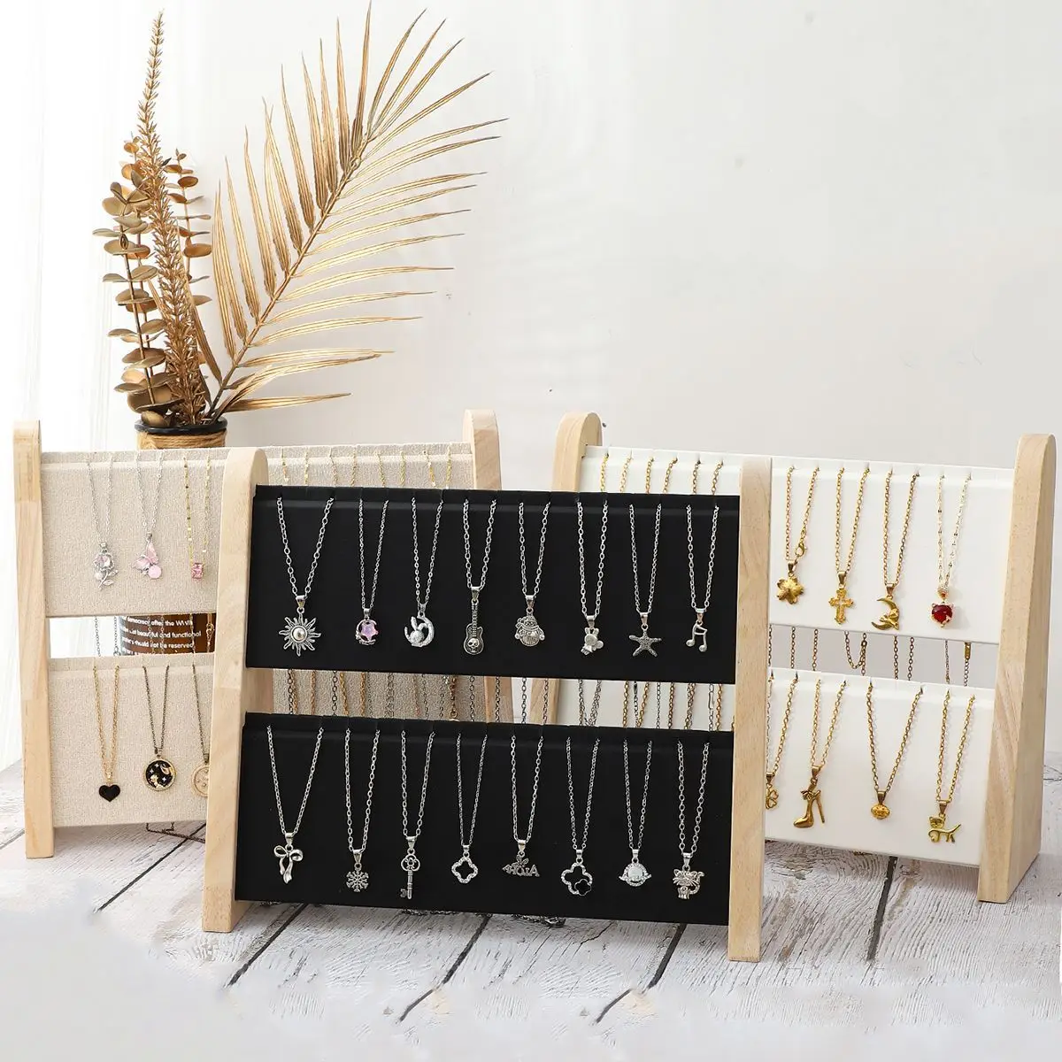 2 Layers Wood Slope Shape Jewelry Display Necklace Pendant Organizer ...