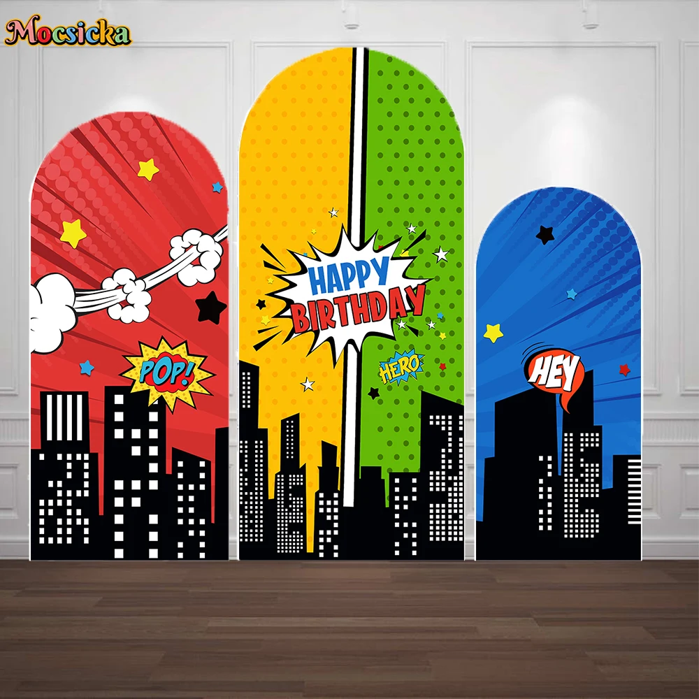 Superhero-Birthday-Arch-Cover-Background-for-boy-Cartoon-Comic-City ...