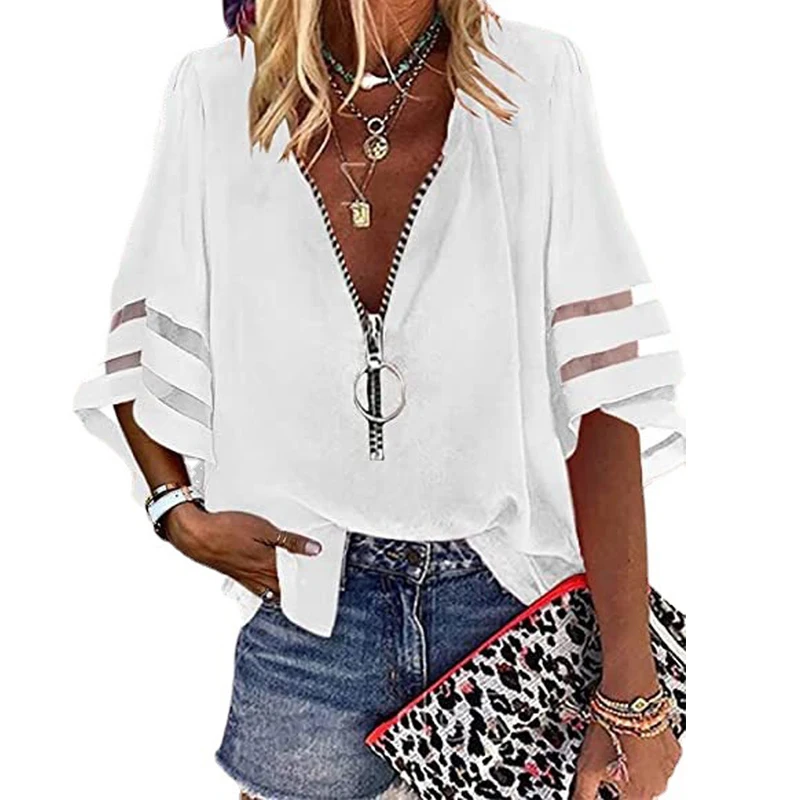 2022-Summer-Women-Blouse-Top-V-Neck-Zipper-Loose-Pullover-Solid-Chiffon ...