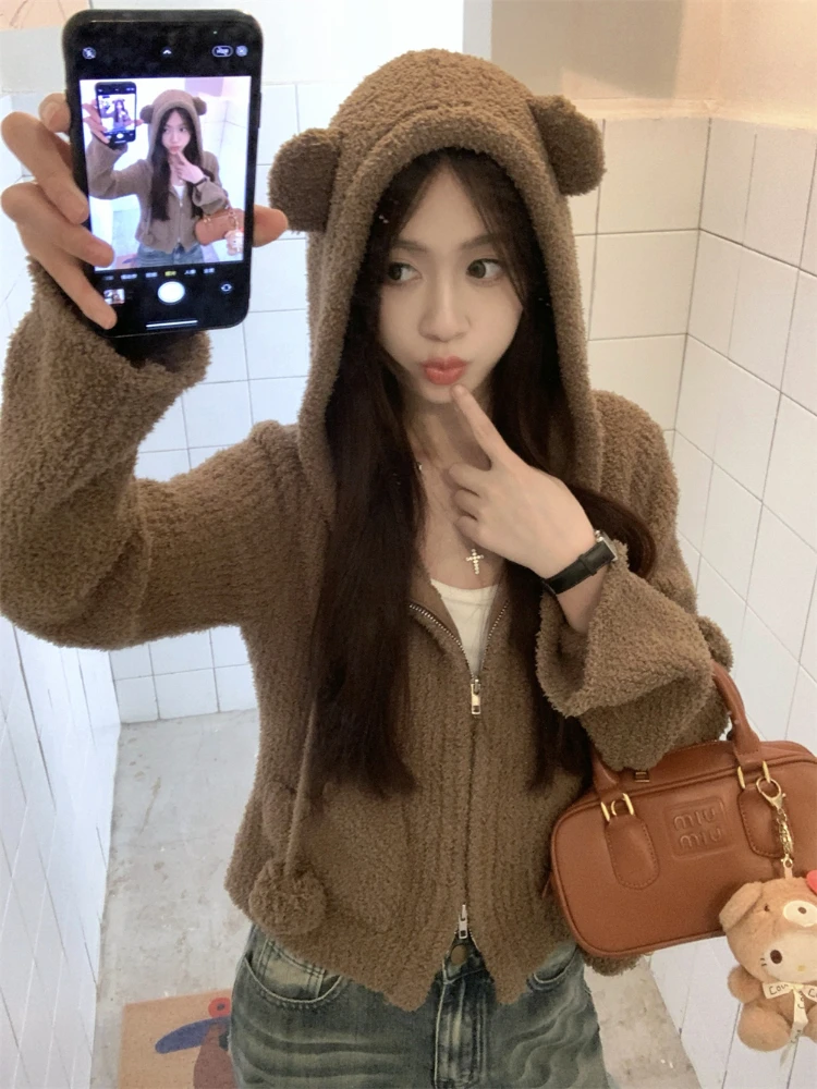 ADAgirl-Kawaii-Brown-Bear-Ears-Hooded-Sweatshirt-Fleece-Zip-Up-Cropped ...