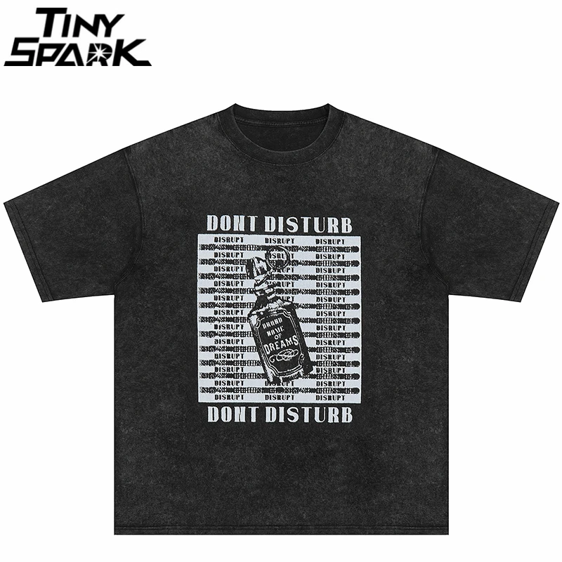 Men Retro Washed Black Tshirt Streetwear Don't Disturb Letter Graphic T ...