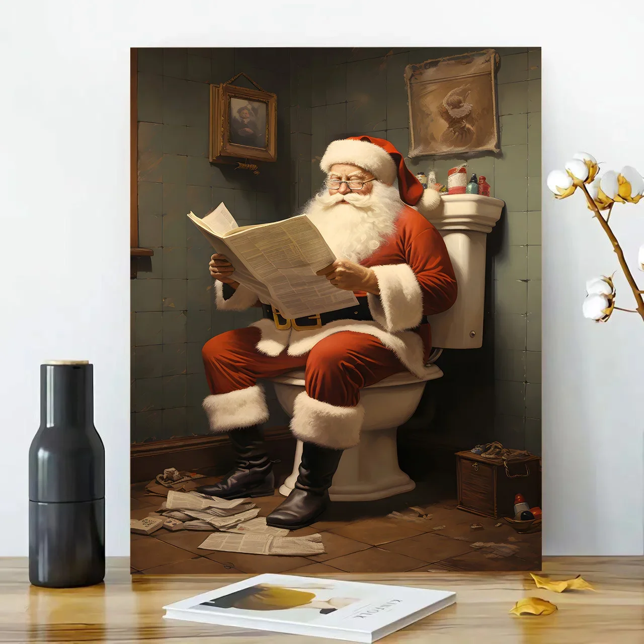 Framed Santa Claus Sitting on Toilet Reading Canvas Painting Christmas ...