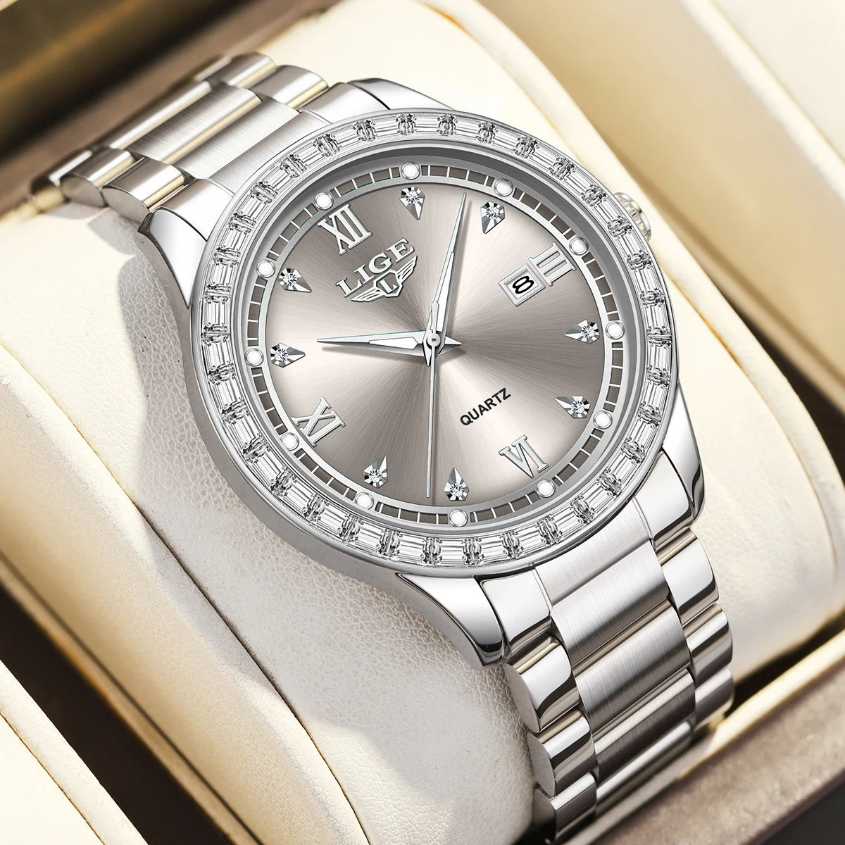 LIGE Creative Diamond Design Watch Women Waterproof Stainless Steel ...