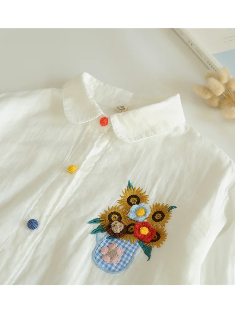 Lamtrip Retro Art Sunflowers Vase Embroidery Peter Pan Collar Cotton Yarn Long Sleeve Shirt ...