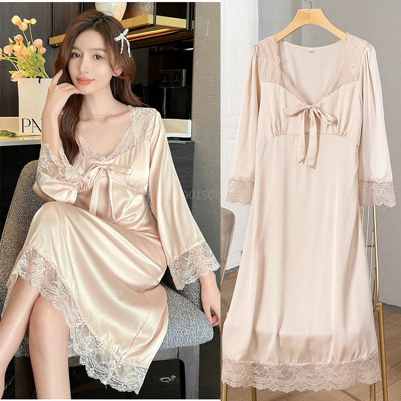 Elegant-Champagne-Nightgown-Palace-Style-Sleepwear-Women-Sexy-Lace-Trim ...