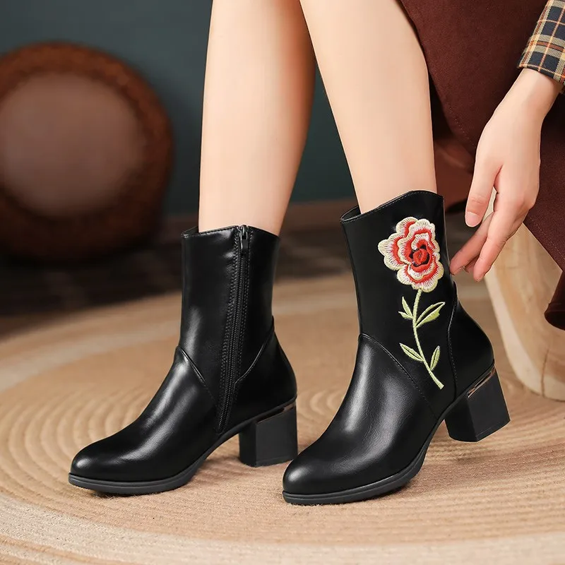 Botas con bordado De flores étnicas para Mujer, botines De tacón alto ...