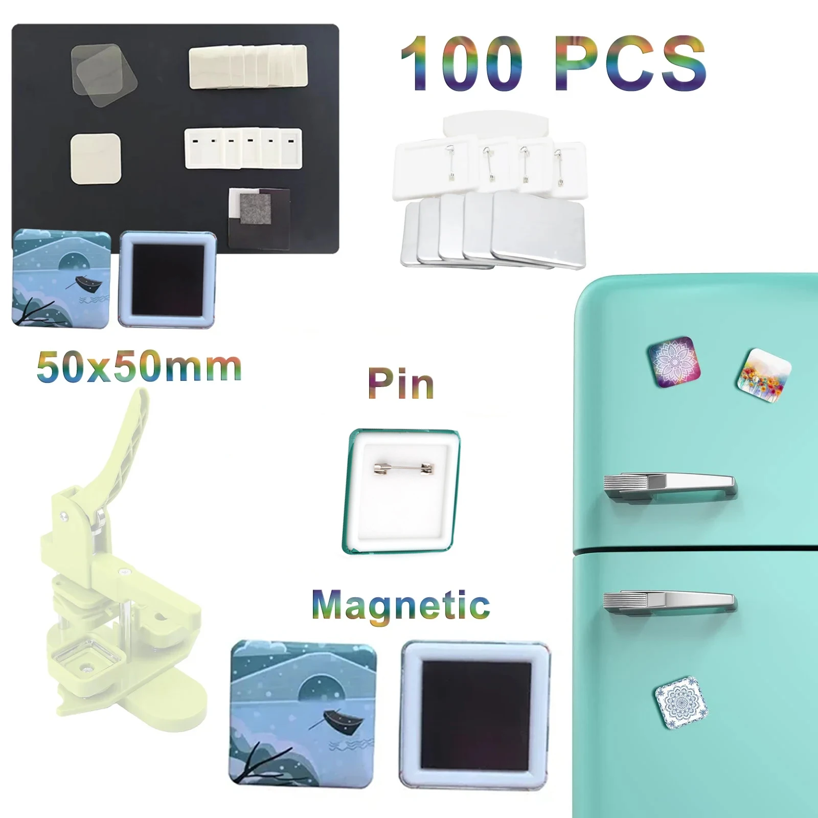 100PCS-Square-Refrigerator-Badge-Fridge-Magnets-Badge-Pins-50x50mm ...