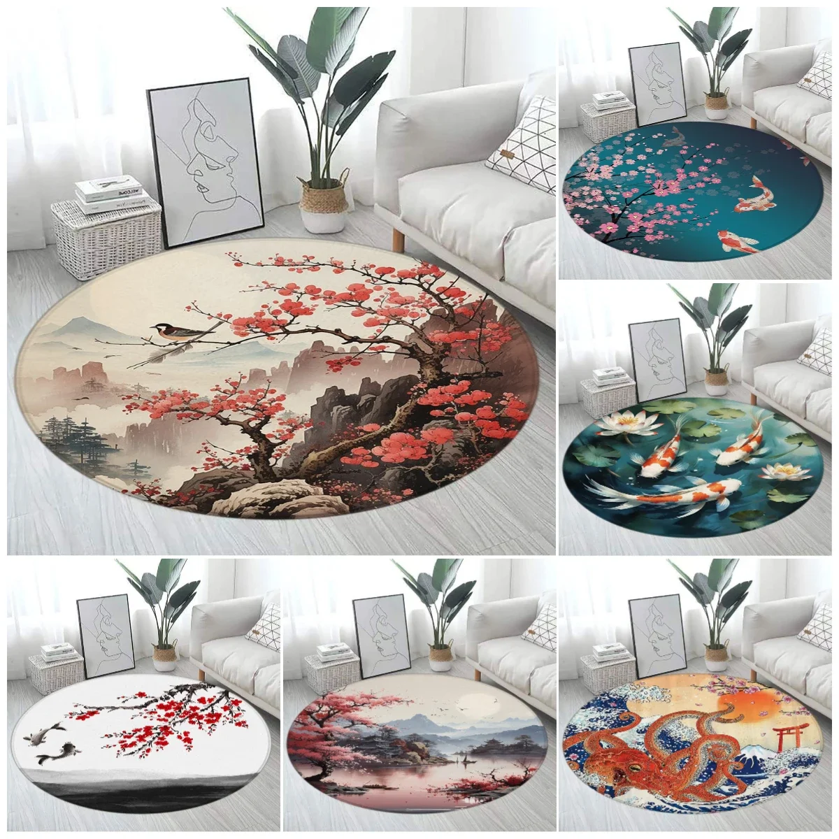 Japanese Style Round Carpet Mountain Cherry Blossom Koi Octopus Lotus ...