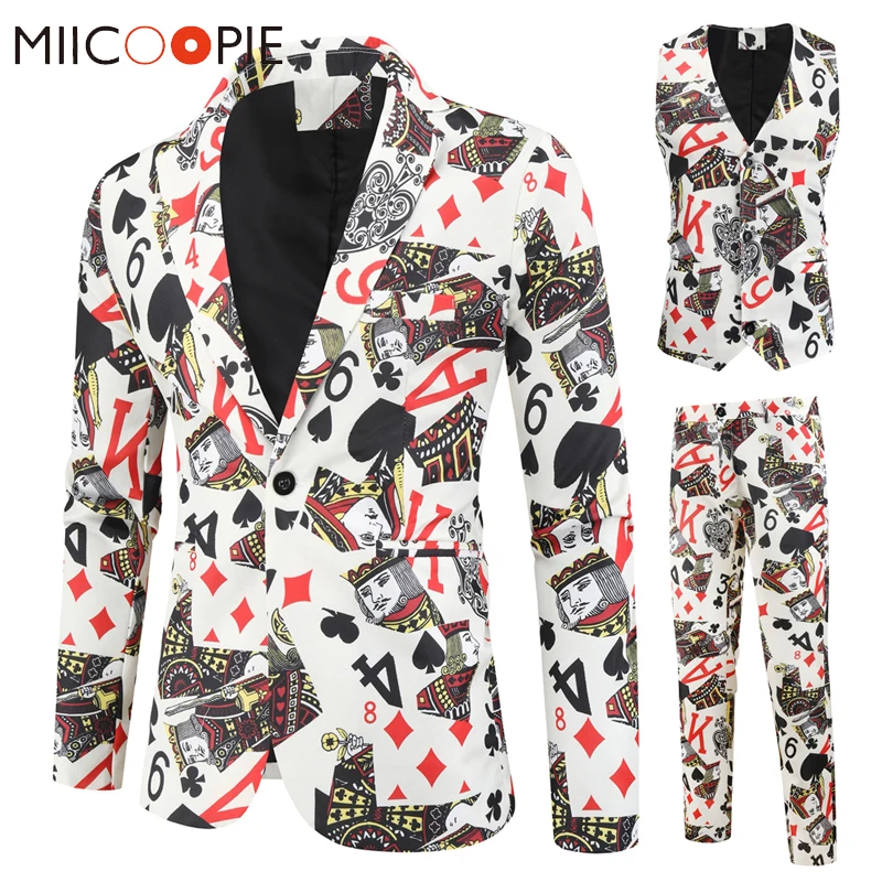 Classic Playing Cards Printed 3Piece Blazer+Vest+Pants Autumn Party ...