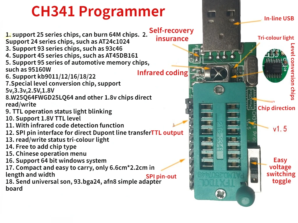 Ch341a Programmer V1.6 1.8v Level Conversion W25q64fw W25q128fw Gd25lq64