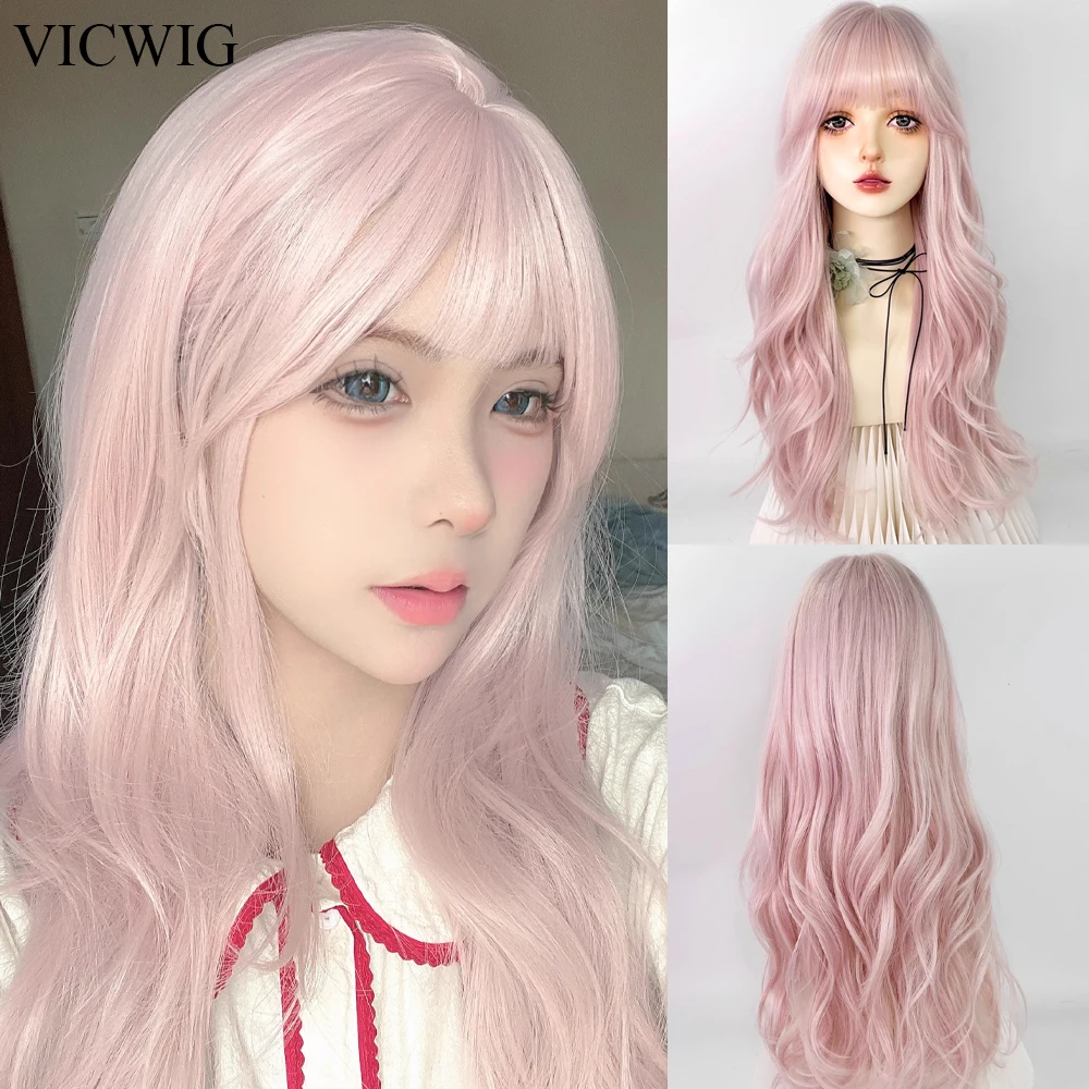 VICWIG-Light-Pink-Synthetic-Women-Wavy-Wigs-with-Bangs-Lolita-Cosplay ...