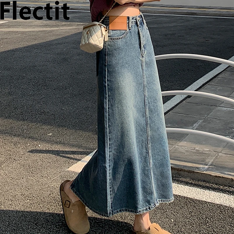 Flectit 여성용 빈티지 롱 데님 스커트 백 슬릿 스트레이트 핏 워싱 블루 진 맥시 스커트 레트로 복장