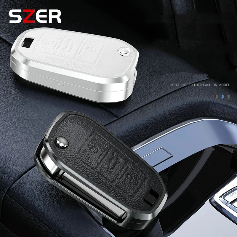 Metal-Leather-Car-Flip-Key-Case-Cover-Shell-For-Peugeot-208-308-408-508 ...