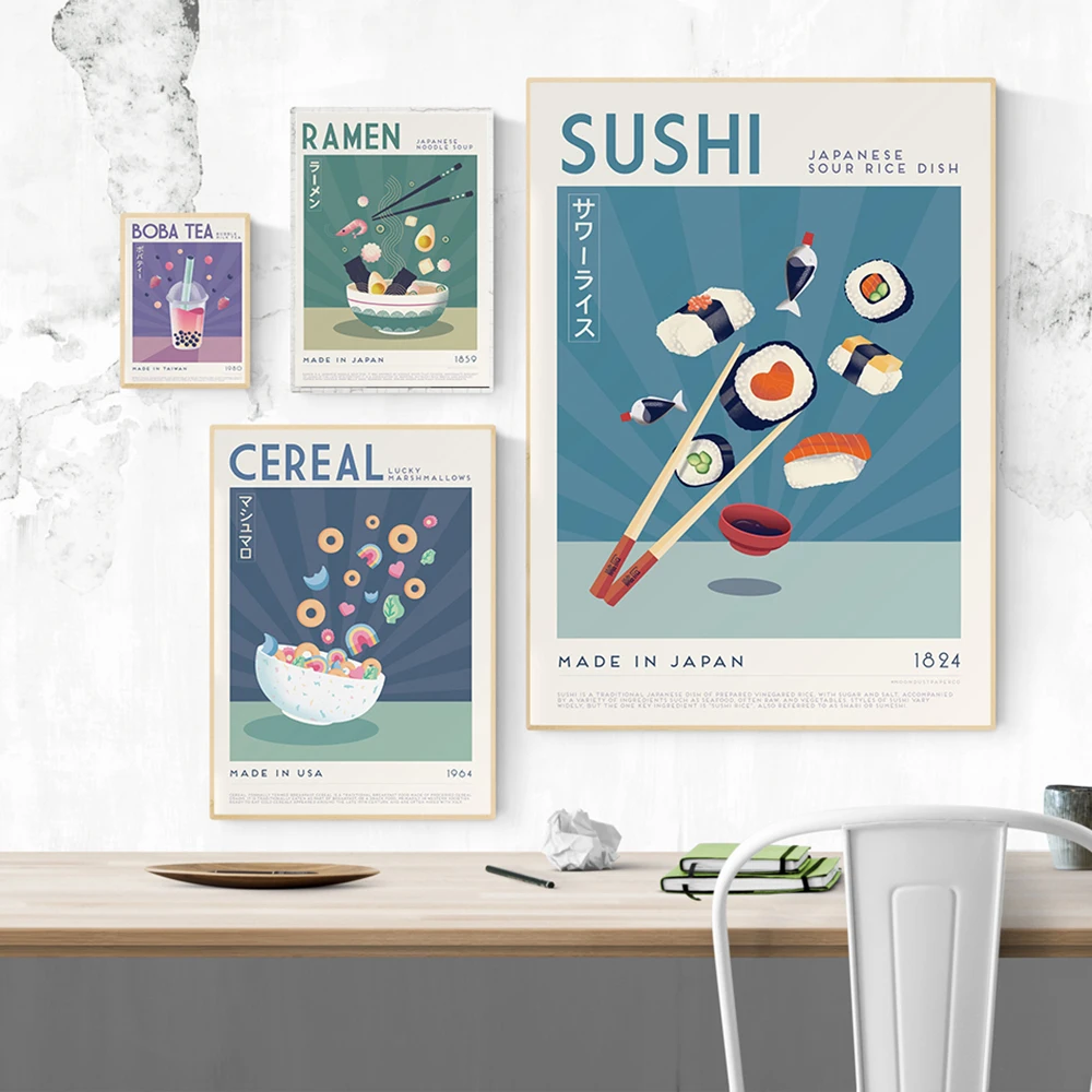 Japanese-Food-Wall-Art-Prints-Ramen-engra-ado-Sushi-Boba-Tea-Cereal ...