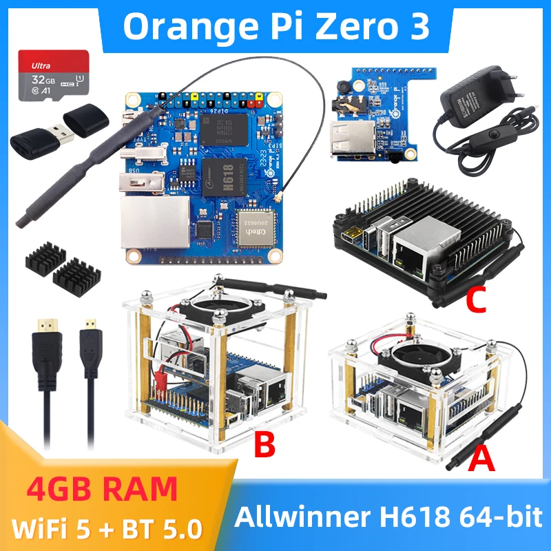 Orange Pi Zero 3 4GB RAM Allwinner H618 64 비트 와이파이 5 + BT5.0 LPDDR4 16MB SPI 플래시 기가비트 이더넷 안드로이드 ...