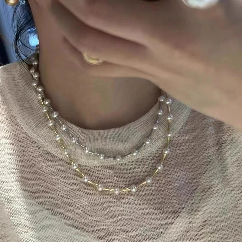 100-Natural-Fresh-Water-Bright-White-AKOYA-Pearl-Necklace-Bamboo-Knot-Clavicle-Chain-Star-Same ...