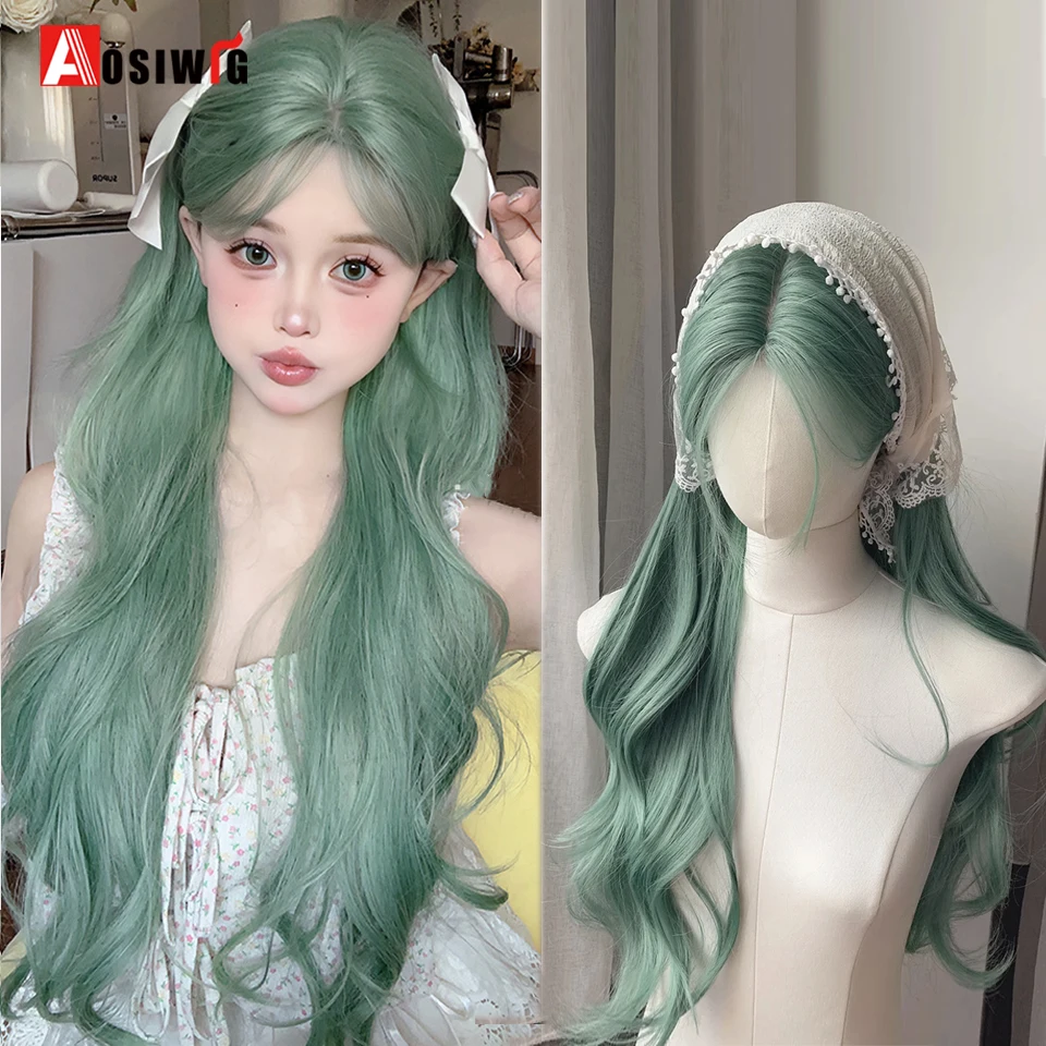 AOSI-Synthetic-Mid-Split-Long-Curly-Wavy-Lolita-Green-Wigs-With-Bangs ...