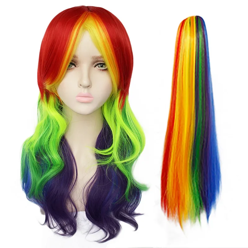 Rainbow Color Long Curly Wavy Wig Synthetic Wig Costume Wig For ...