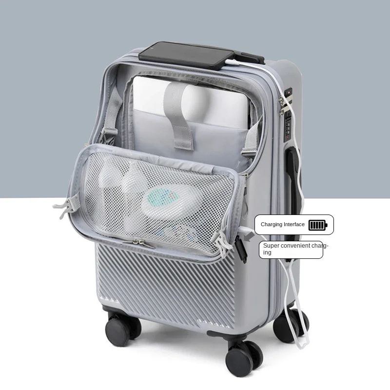 Suitcase-Front-Opening-Luggage-20-Laptop-Bag-USB-Multifunction-Trolley ...