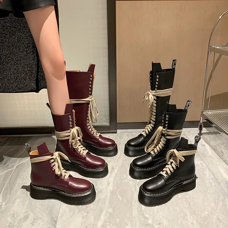 2023New-Genuine-Leather-Thick-Sole-Martin-Boots-Women-s-English-Style ...