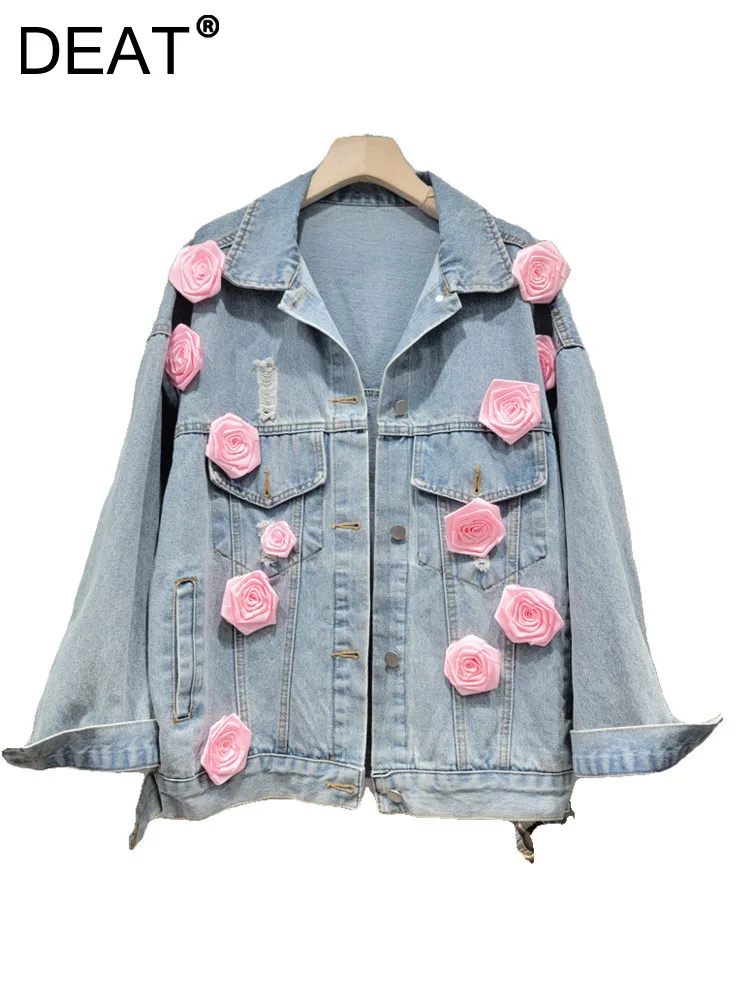 DEAT-Women-s-Denim-Coat-Patchwork-3d-Pink-Rose-Flowers-Single-Breasted ...