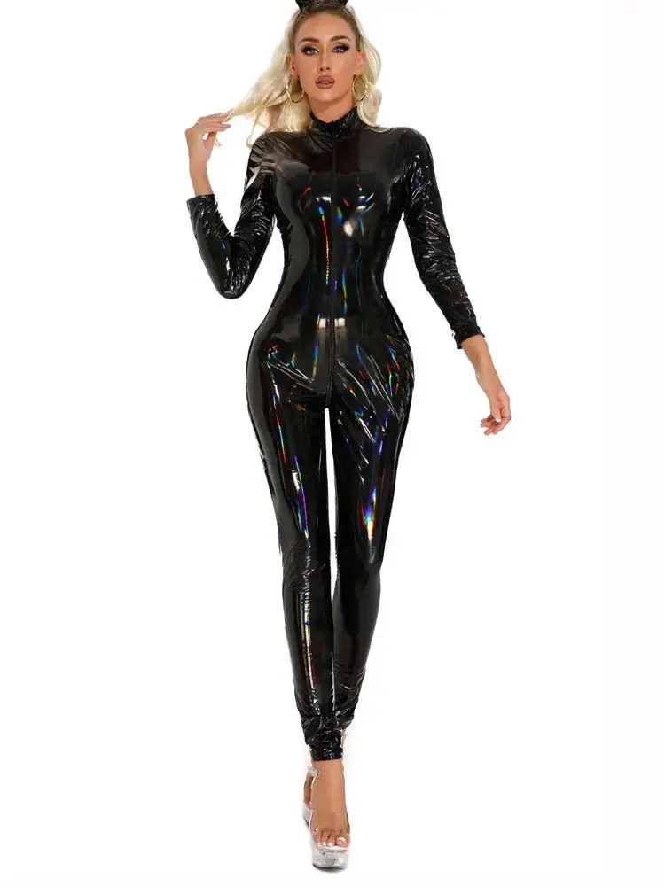 Unisex-Laser-Wet-Look-PVC-Catsuit-Long-Sleeve-Shiny-PU-Leather-Zipper ...
