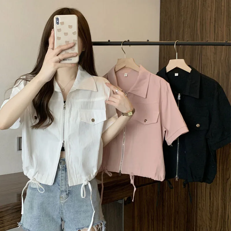 New-Summer-Short-Sleeve-Cargo-Jacket-Women-Korean-Zipper-Drawstring ...