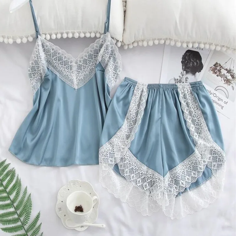 Women-s-Sleepwear-Sexy-Satin-Pajama-Set-White-Lace-V-Neck-Pyjamas ...