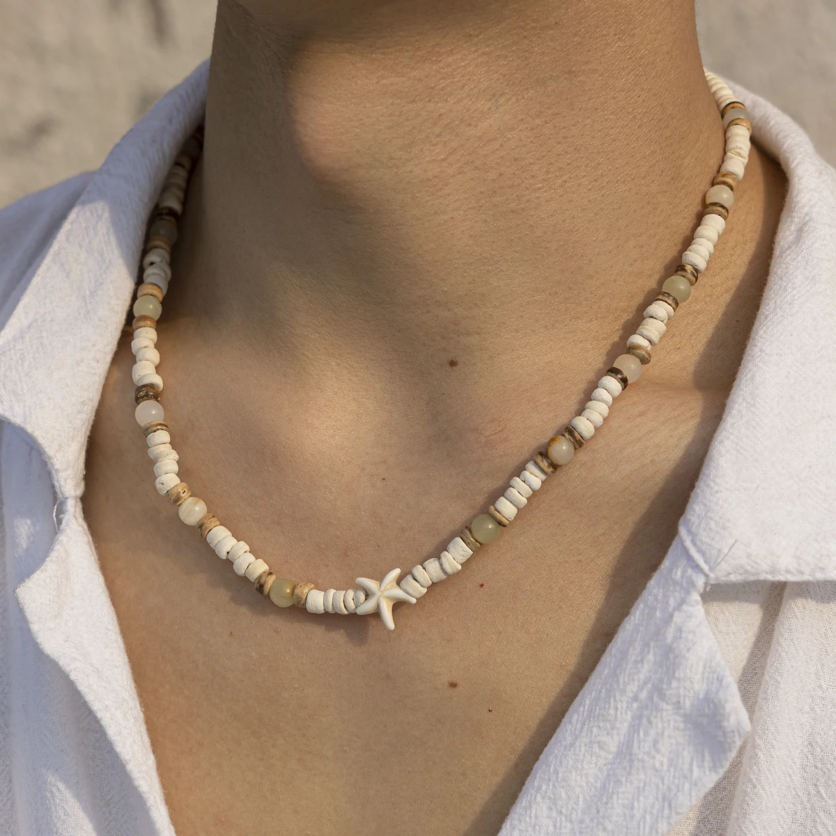 KunJoe-Summer-Coconut-husk-Wood-Beads-Starfish-Choker-Necklace-for-Men ...