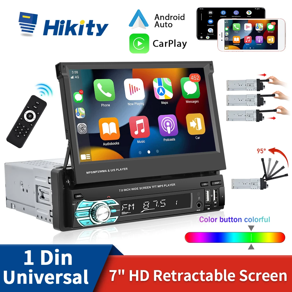 Hikity 1 Din Car Radio Carplay 7" Retractable Screen Bluetooth Multimedia Video Player Stereo ...